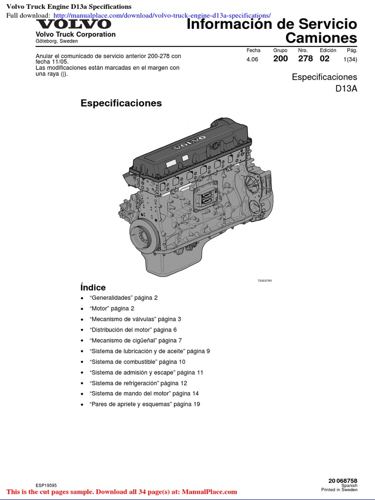 Volvo Truck Engine D13a Specifications | PDF