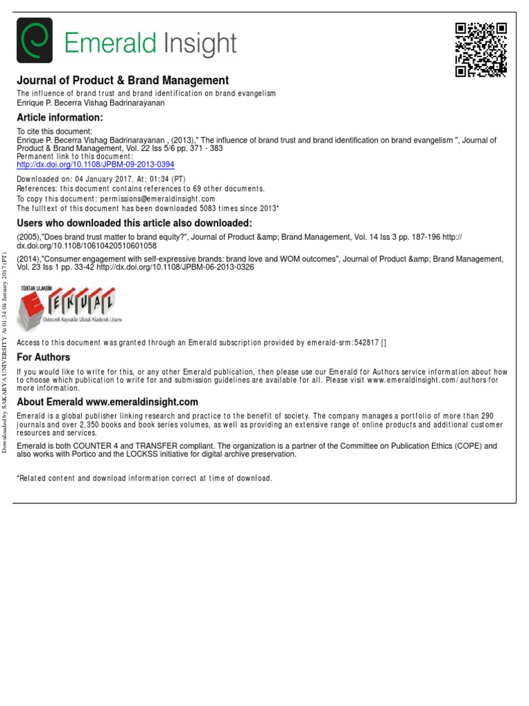 The Influence of Brand Trust and Brand Identification On Brand Evangelism | PDF