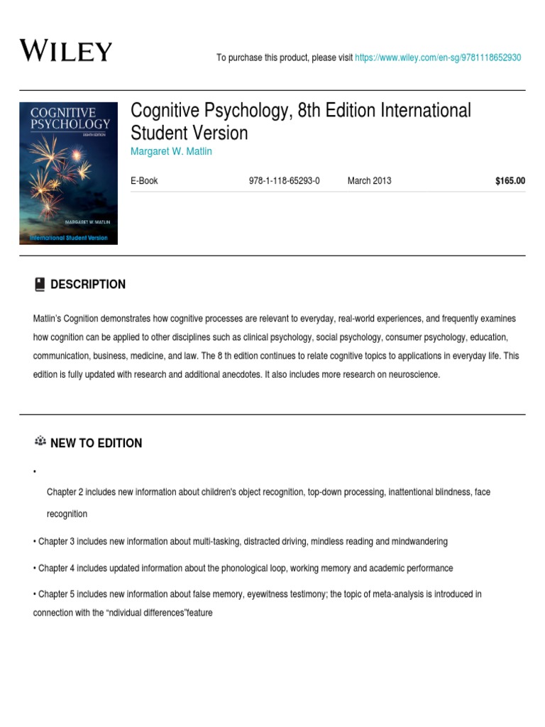 Wiley - Cognitive Psychology, 8th Edition International Student Version - 978-1-118-65293-0 ...