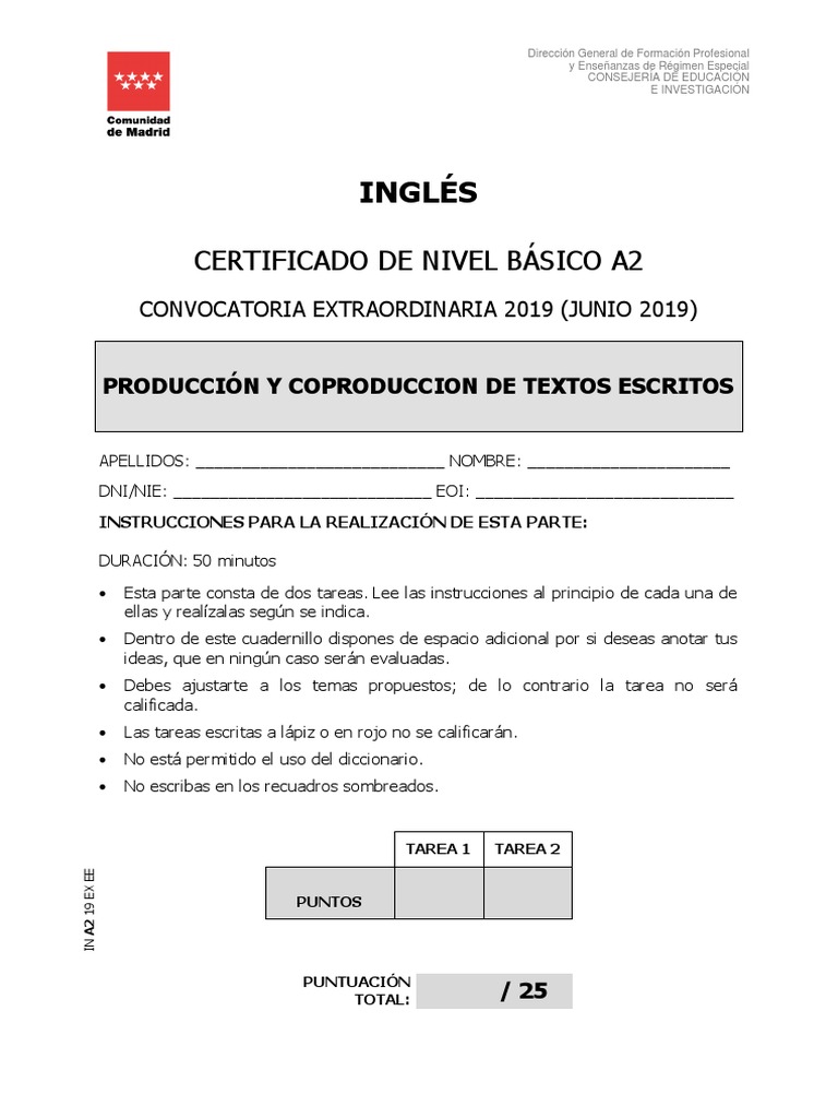 Inglés: Certificado de Nivel Básico A2 | PDF