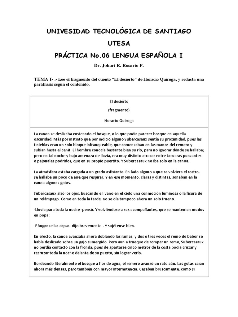 Univesidad Tecnológica de Santiago Práct. 6 Leng. Esp. I Dr. Johari R. Rosario P | PDF | Poesía