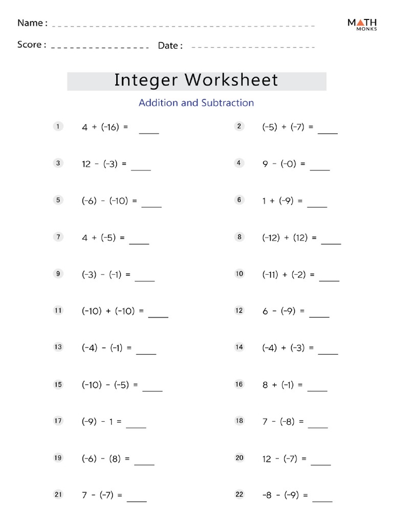 Integer Worksheets Algebra | PDF