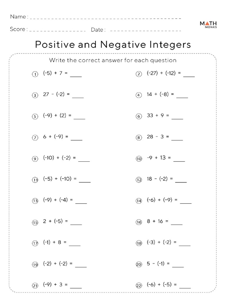 Positive and Negative Integers Worksheets | PDF