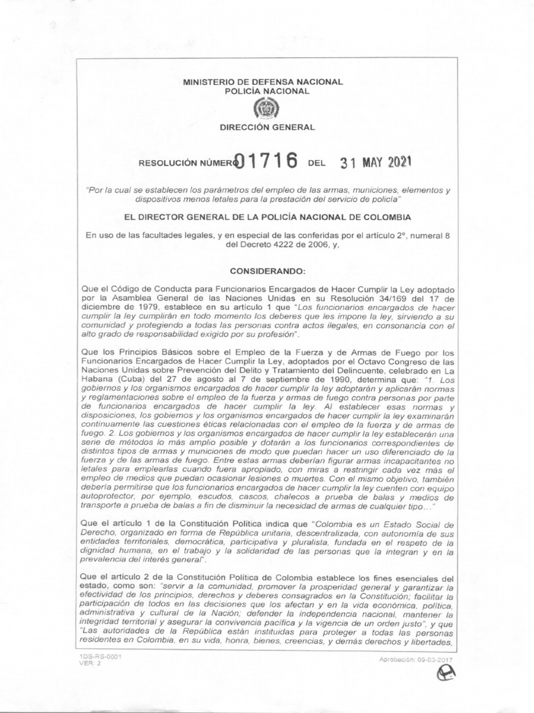 Res. 01716 Del 31-05-2021 Empleo de Armas Municiones Menos Letales | PDF