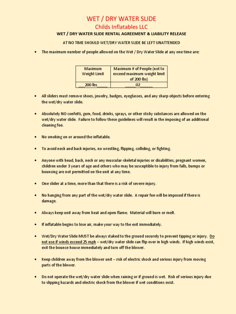 Wet - Dry Water Slide Rental Agreement | PDF