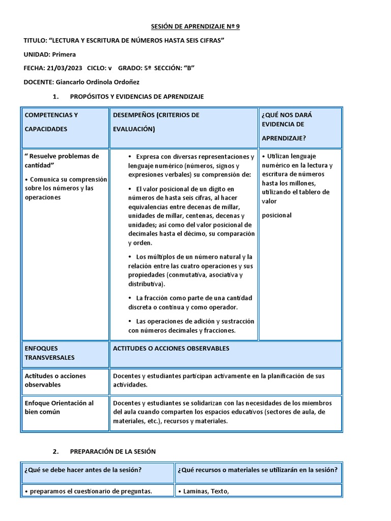 SESIÓN de APRENDIZAJE Lectura y Escritura de Numeros Naturales | PDF SESIÓN de APRENDIZAJE Lectura y Escritura de Numeros Naturales | PDF