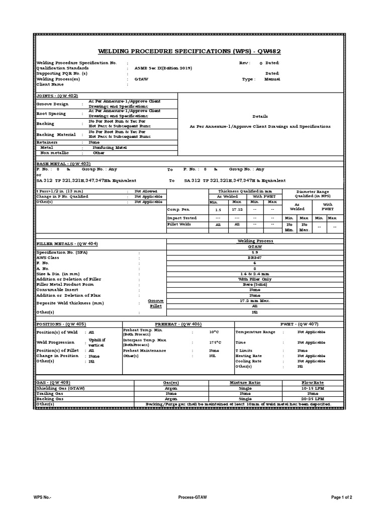 Welding Procedure Specifications (WPS) - Qw482 | Download Free PDF ...