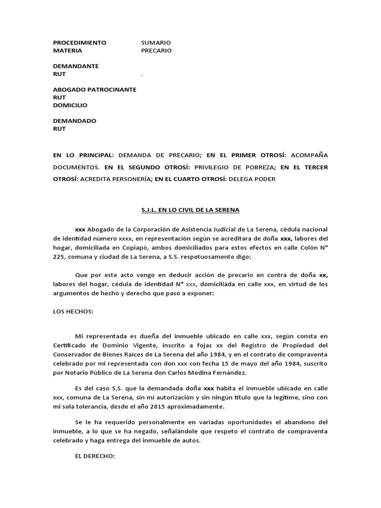 Procedimiento Sumario - Demanda Precario | PDF | Propiedad | Posesión (Ley)