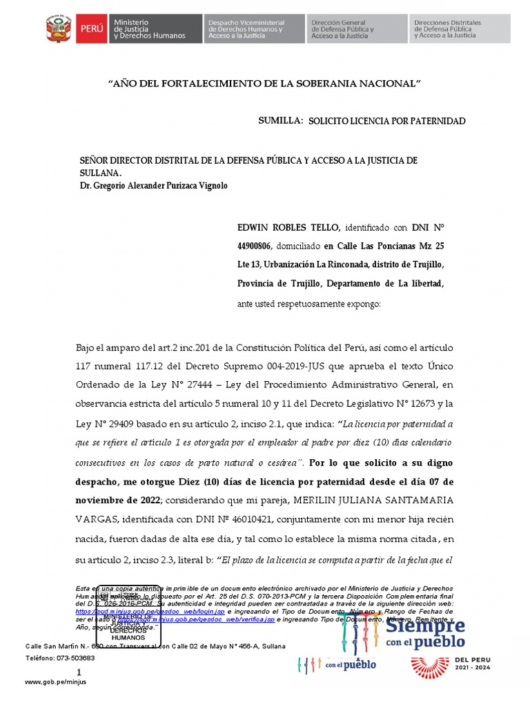 Solicitud de Licencia Por Paternidad | PDF | Justicia | Crimen y violencia