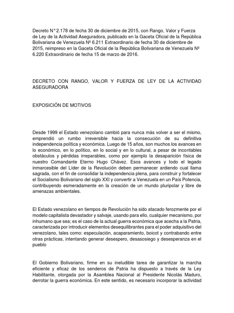 TEMA 4 COMPLEMENTO Decreto #2.178 Con Rango, Valor y Fuerza de Ley de La Actividad Aseguradora ...