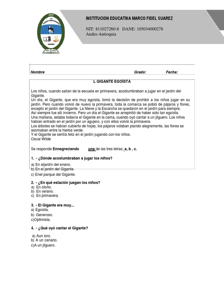 Comprensión Lectura Grado Cuarto Iemfs Pdf Hansel Y Gretel