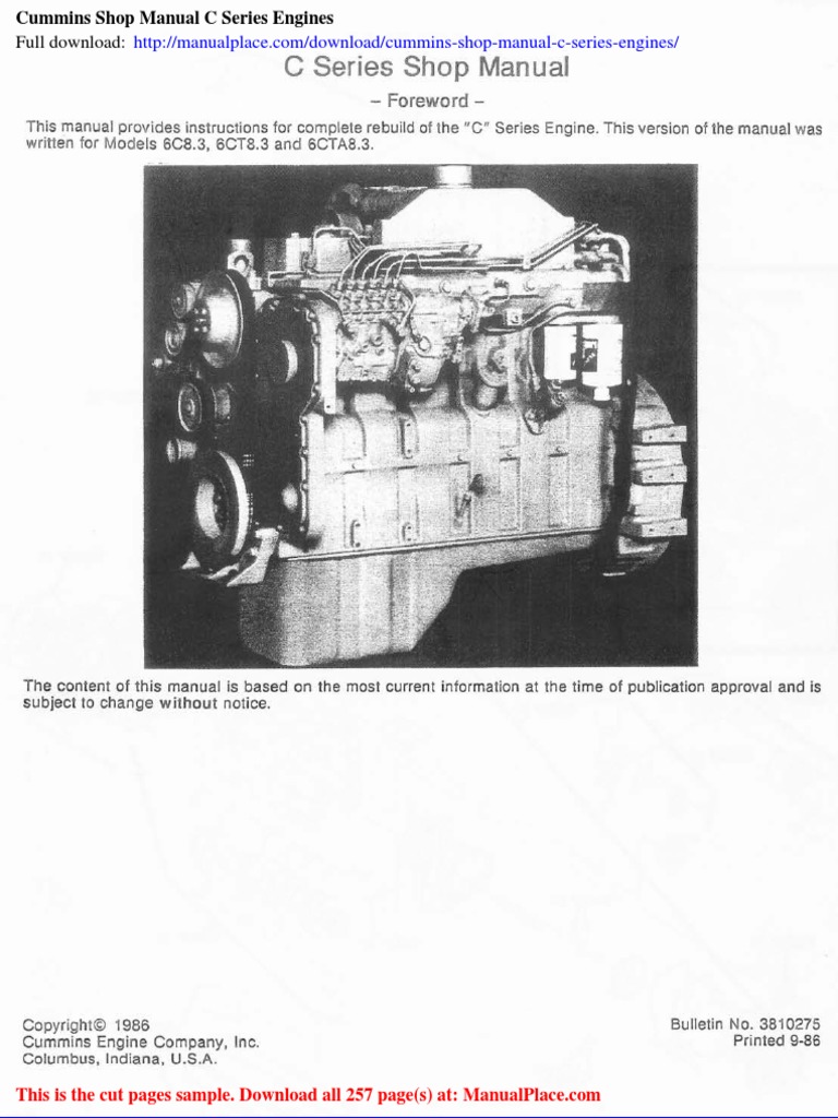 Cummins Shop Manual C Series Engines | PDF