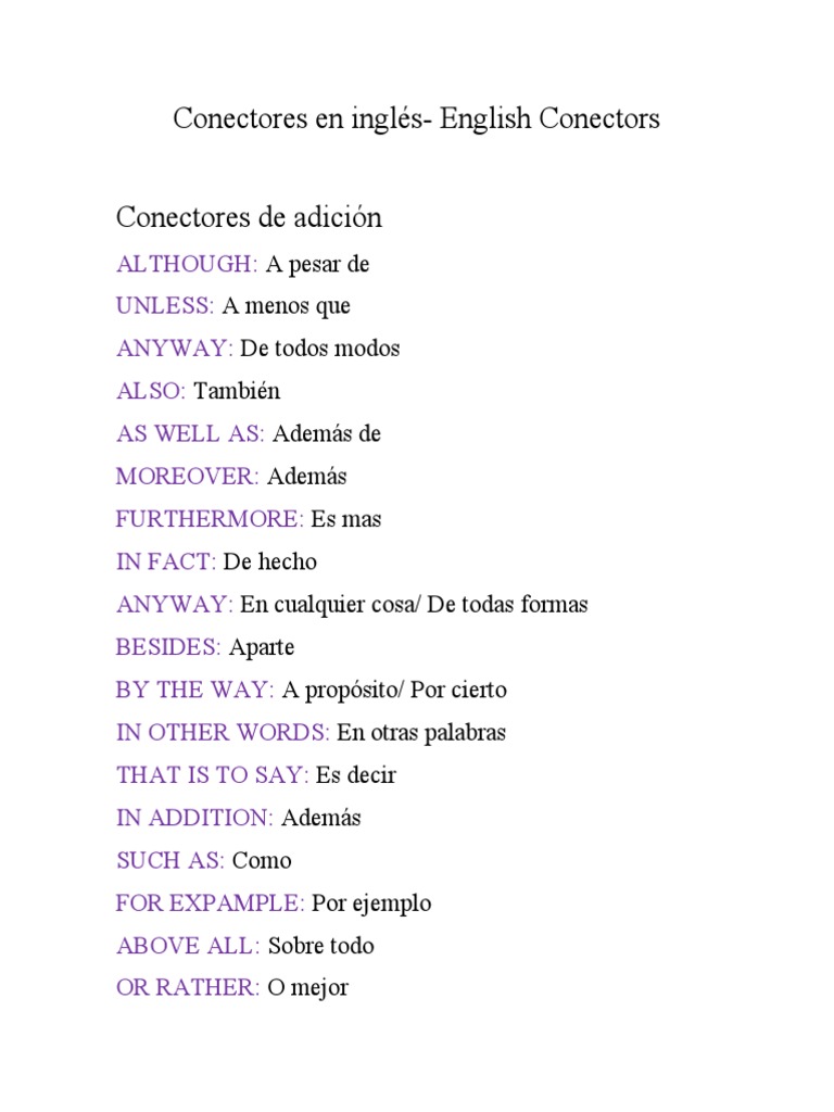 Conectores en inglés: Guía completa | PDF
