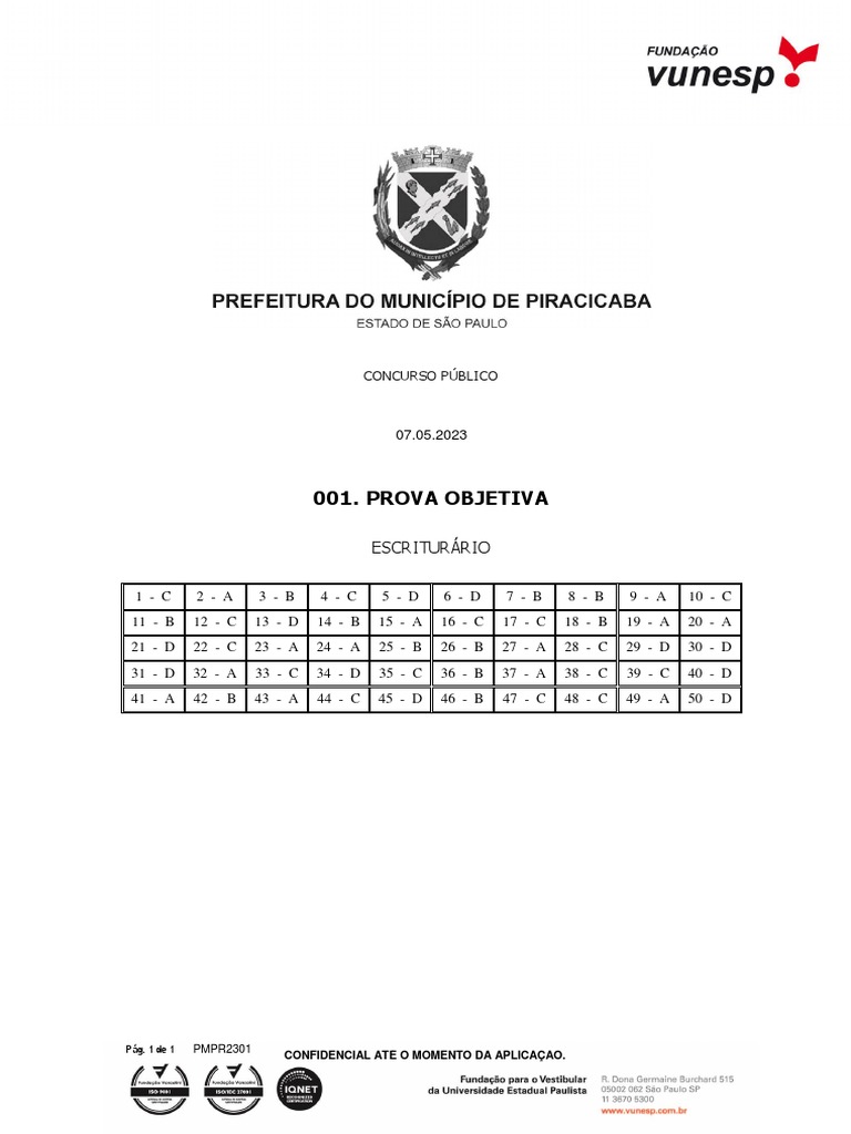 Vunesp 2023 Prefeitura de Piracicaba SP Escriturario Gabarito | PDF Vunesp 2023 Prefeitura de Piracicaba SP Escriturario Gabarito | PDF