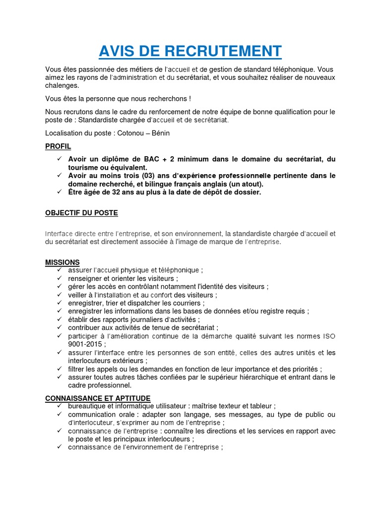 Recrutement Standardiste Chargée d'Accueil | PDF | Secrétaire | Business