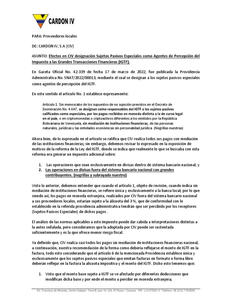 IGTF: Recomendaciones para Proveedores CIV | PDF | Factura | Bancos