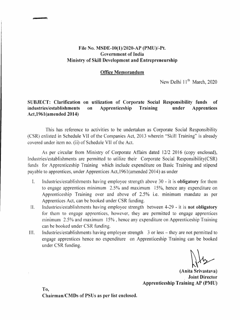 CSR Funds Utilization Under Apprenticeship Act | PDF