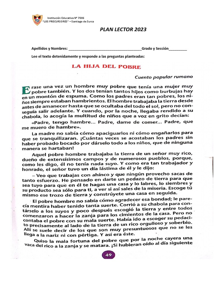 FICHA DE PLAN LECTOR 4to | PDF