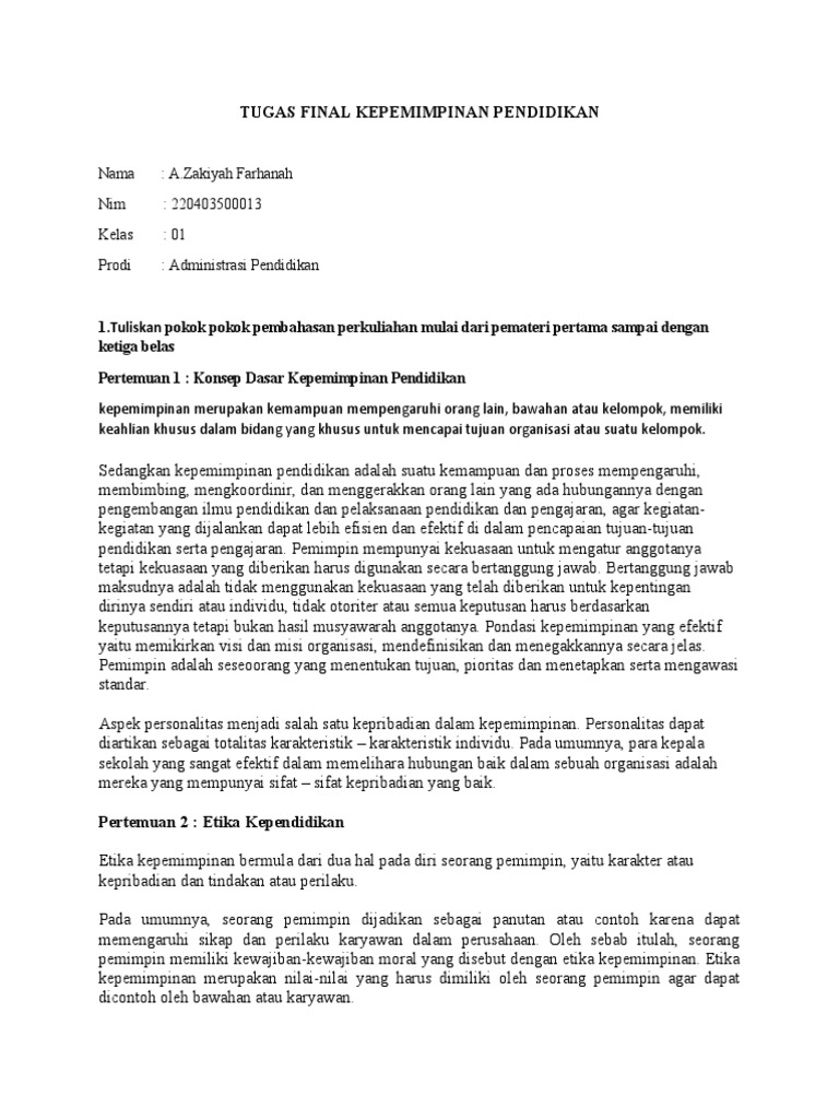 Tugas Final Kepemimpinan Pendidikan | PDF