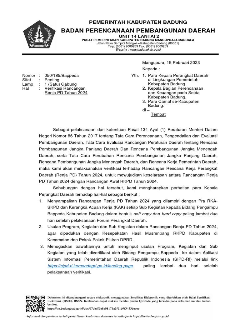 050 - 185 - BAPPEDA Renja PD Tahun 2024 | PDF