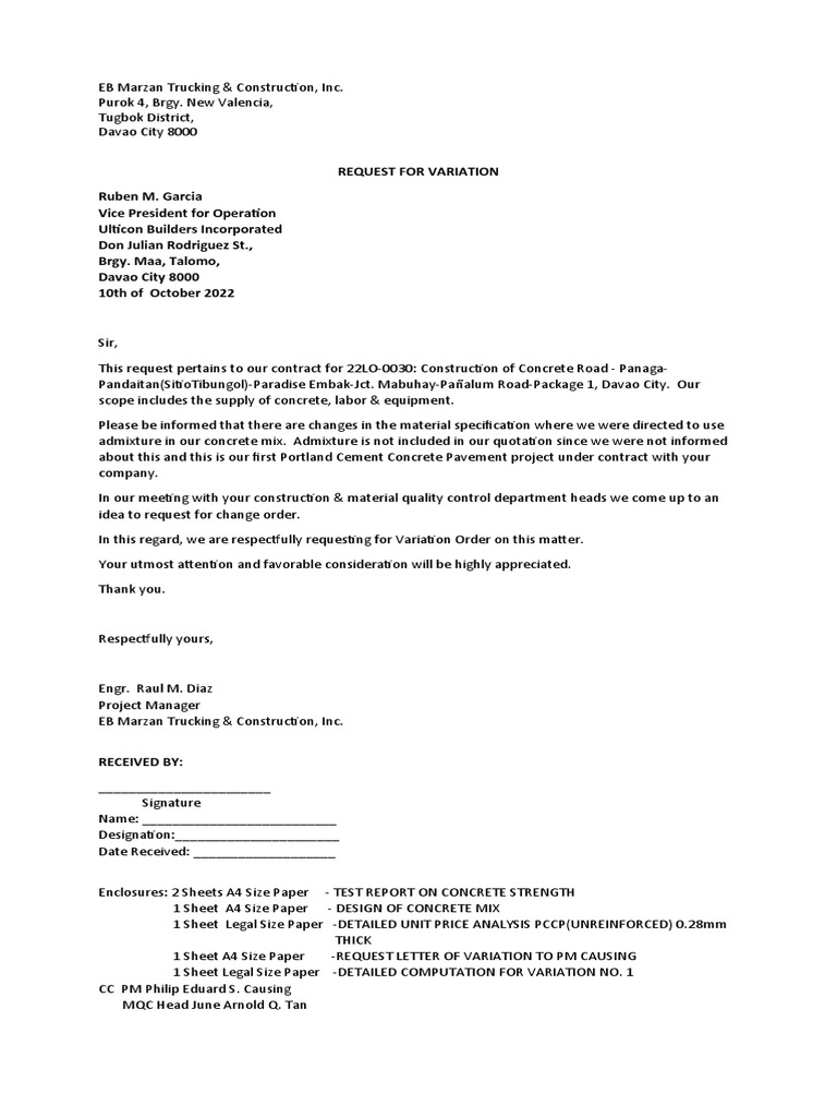 Request Letter For Variation To RMG | PDF | Science & Mathematics ...
