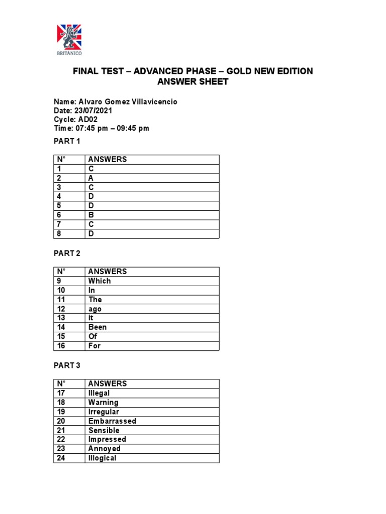 Final Test and Reading Task - Answer Sheet | PDF
