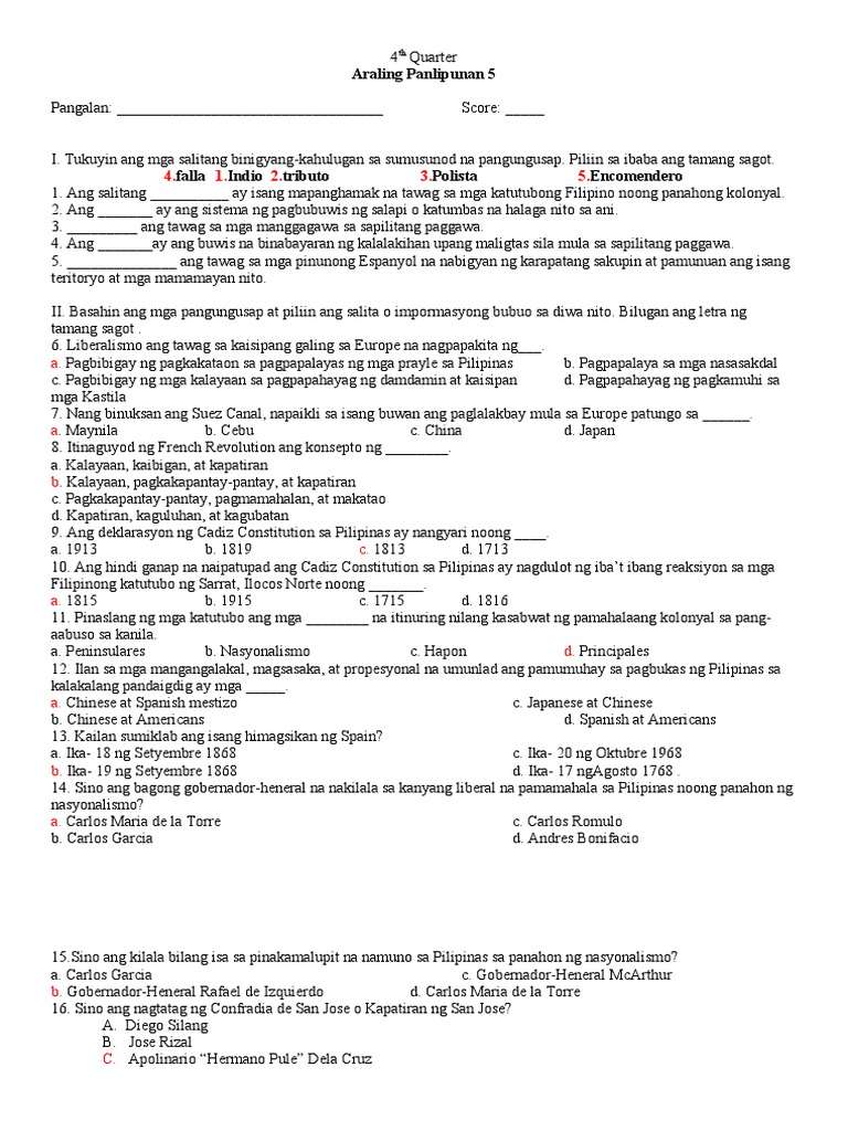 AP 4th Quarter Test 2022 23 | PDF