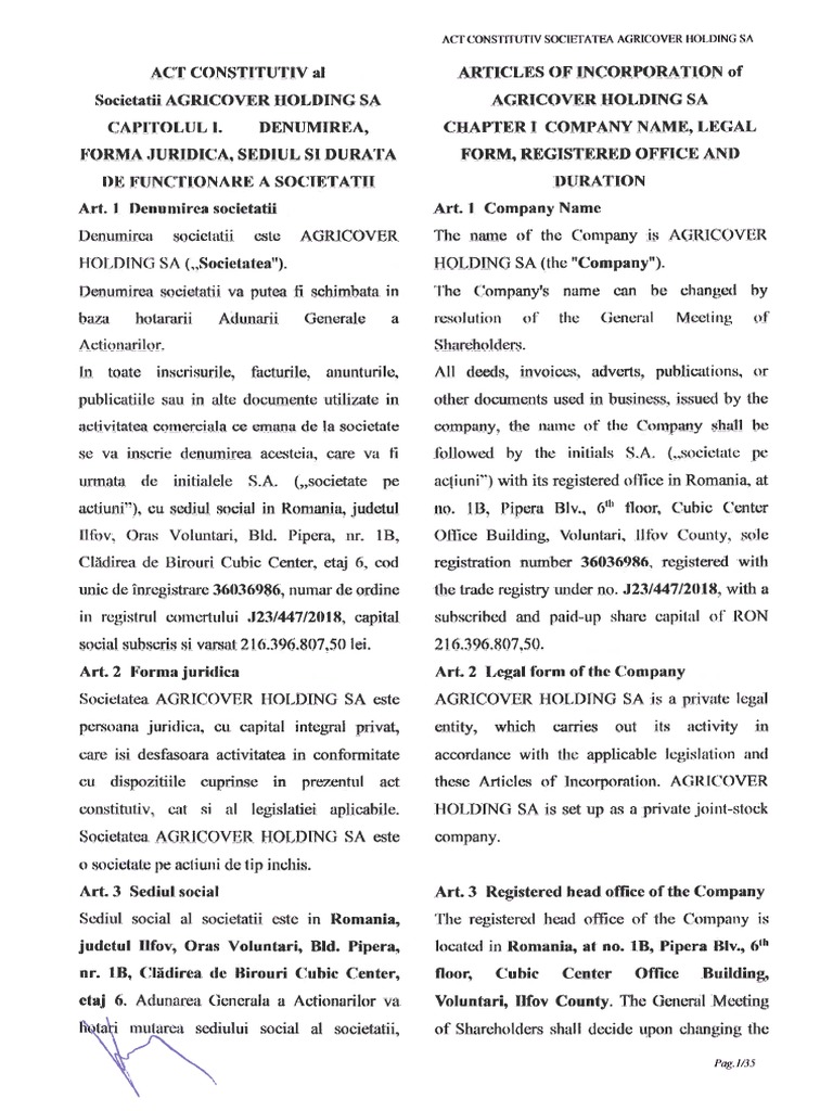 Act Constitutiv Agricover Holding Sa - 20.12.2021 | PDF