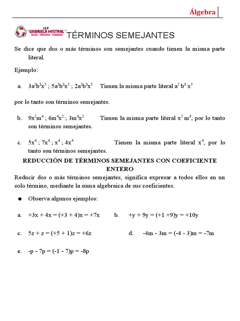 Terminos Semejantes | PDF | Matemáticas | Álgebra