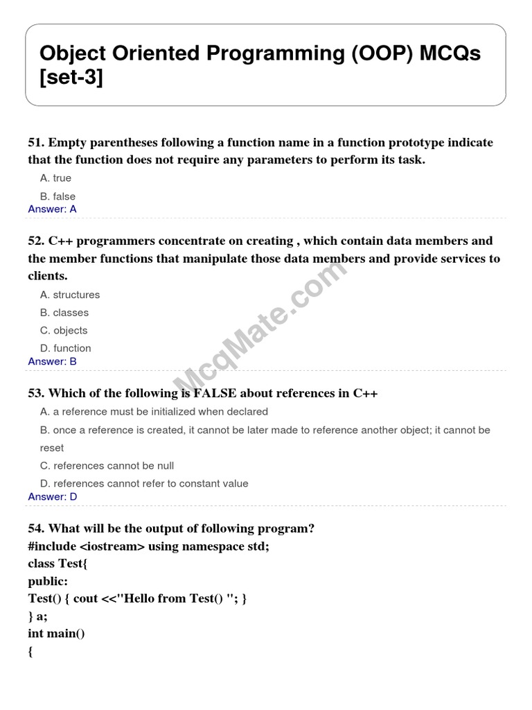 Object Oriented Programming Oop Set 3 Pdf C Parameter Computer Programming