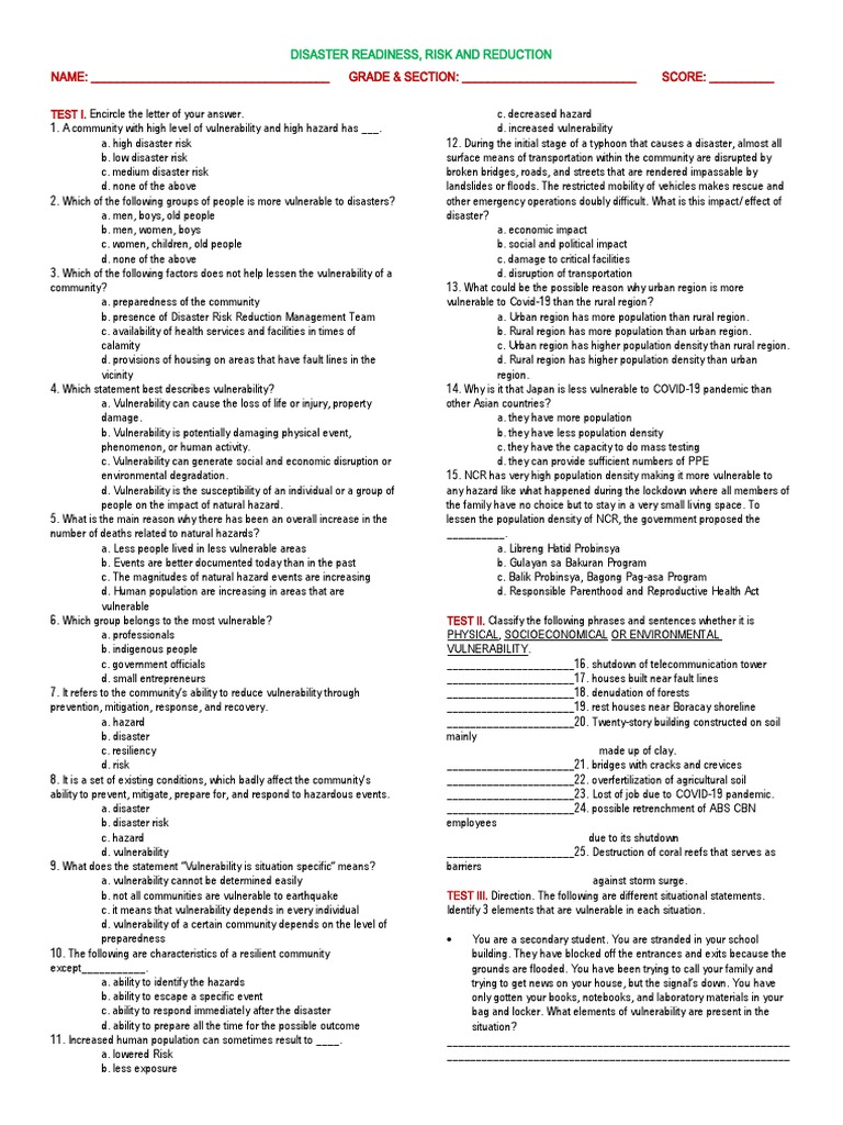 Disaster Readiness Long Quiz | PDF | Hazards | Vulnerability