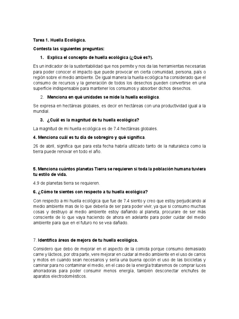 Tarea 1 AMBIENTTAL HUELLA ECOLOGICA XDDD | PDF | Ciencias sociales ambientales | Naturaleza