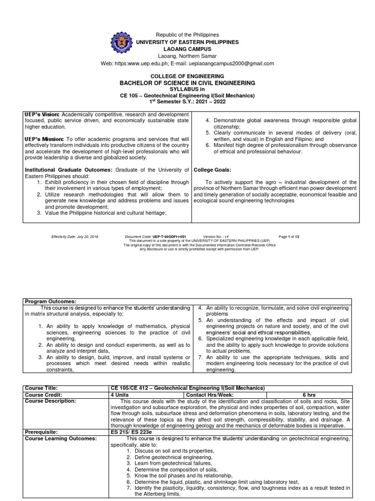 Course Syllabus CE 105 Geotech 1 Soil Mechanics | PDF