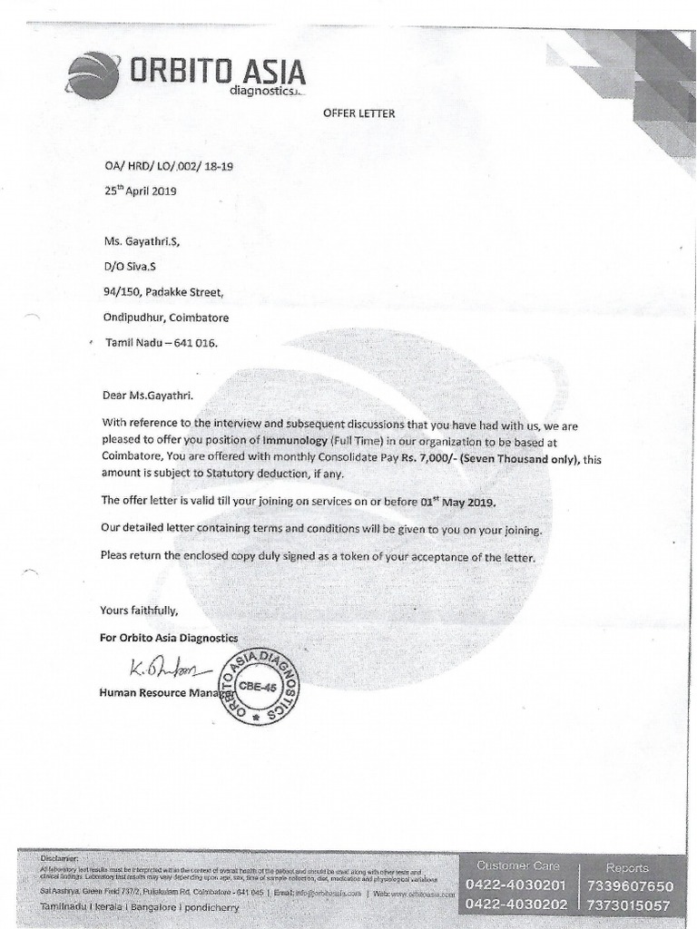 DVV Offerletter 2018 19 | PDF