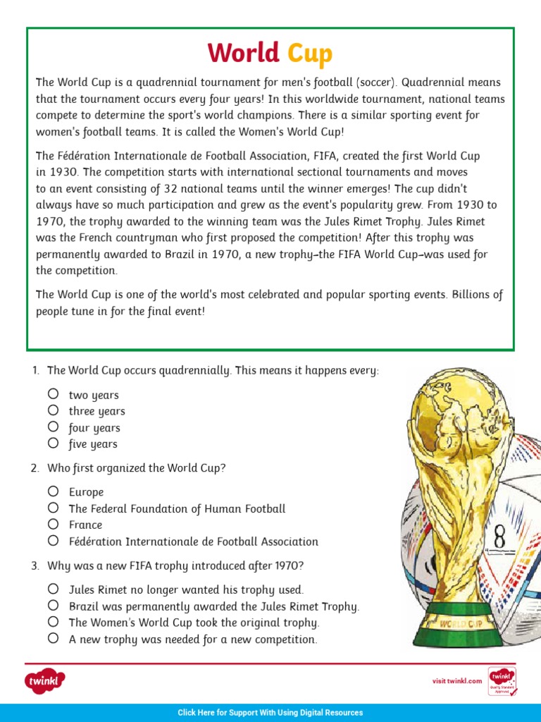 Digital Fifth Grade World Cup Reading Comprehension Activity | PDF