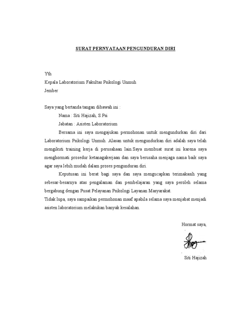 Surat Pernyataan Pengunduran Diri | PDF Surat Pernyataan Pengunduran Diri | PDF