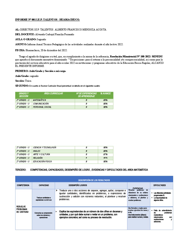 Informe Fin de Año 22 | PDF | Aprendizaje