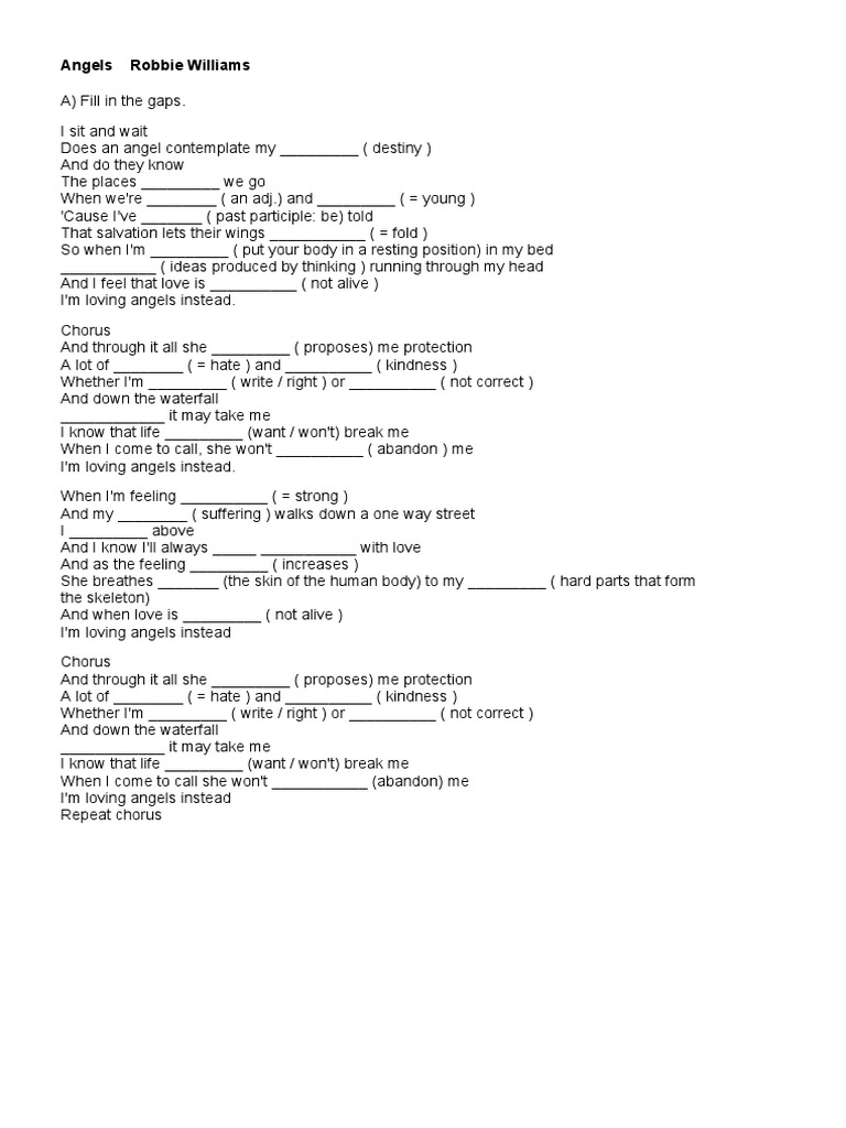 "Angels Lyrics Gap-Fill Exercise" | PDF