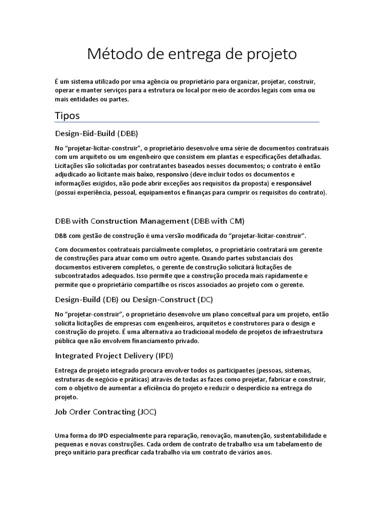 Método de Entrega de Projeto | PDF | Parceria público-privada | Business