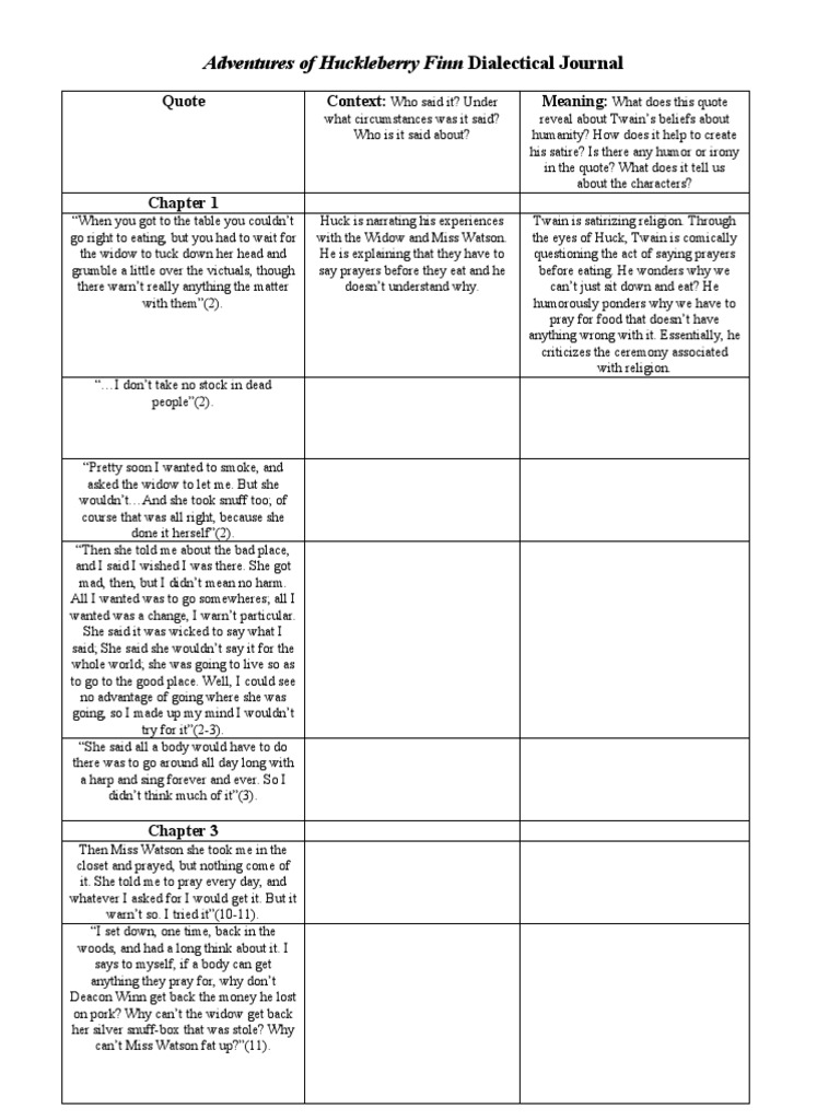 Dialectical Journal of Huck Finn | PDF | Huckleberry Finn | Adventures ...