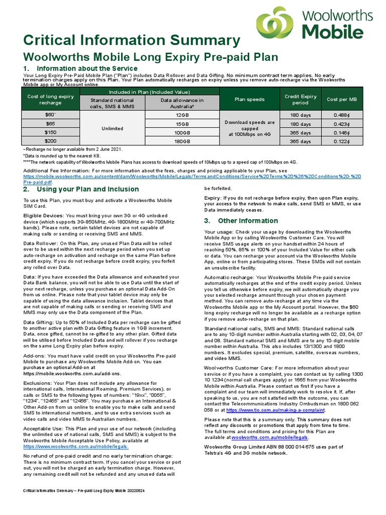 Critical Information Summary - Long Expiry Pre-Paid Mobile | PDF ...