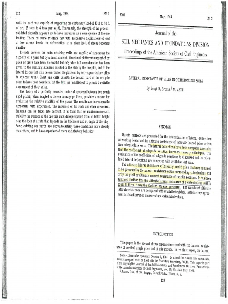 Broms.1964.Lateral Resistance of Piles in Cohesionless Soils | PDF