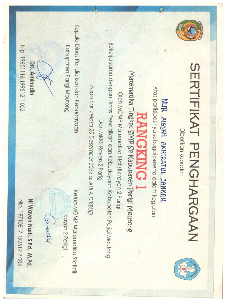 Piagam Ranking 1 Tk. Kab | PDF