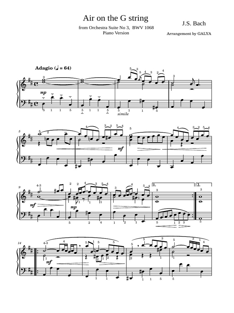 Air On The G String Piano Solo From BWV 1068 in D | PDF | Orchestral ...