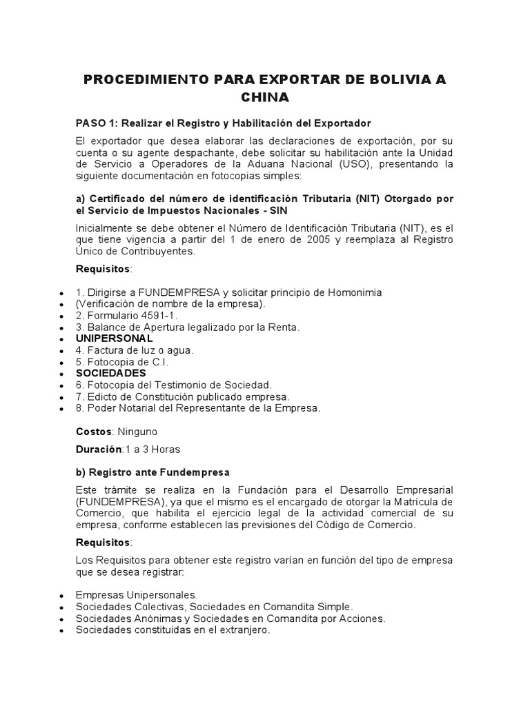 PROCEDIMIENTO PARA EXPORTAR DE BOLIVIA A CHINA | PDF | aduana | Arancel