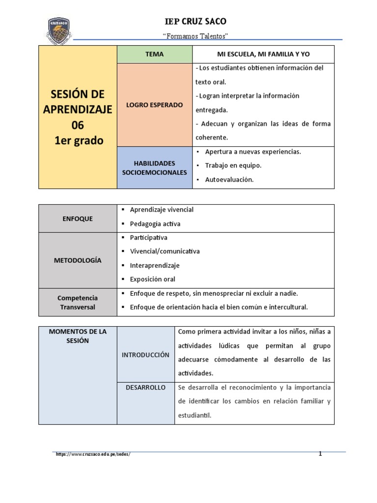 1er Prim - 06 - Sesión - Mi Escuela, Mi Familia y Yo | PDF | Modificación de comportamiento ...