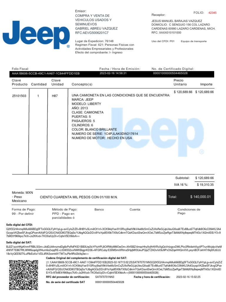 Refactura Jeep Nuevo Emisor | PDF