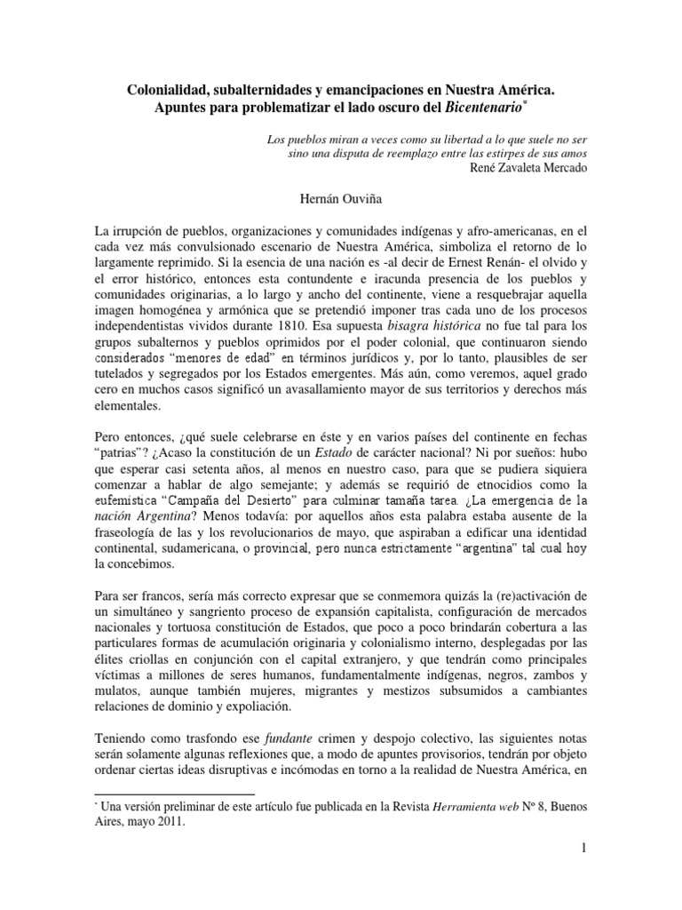 Ouvin A - Colonialidad Subalternidades y Emancipaciones en Nuestra ...
