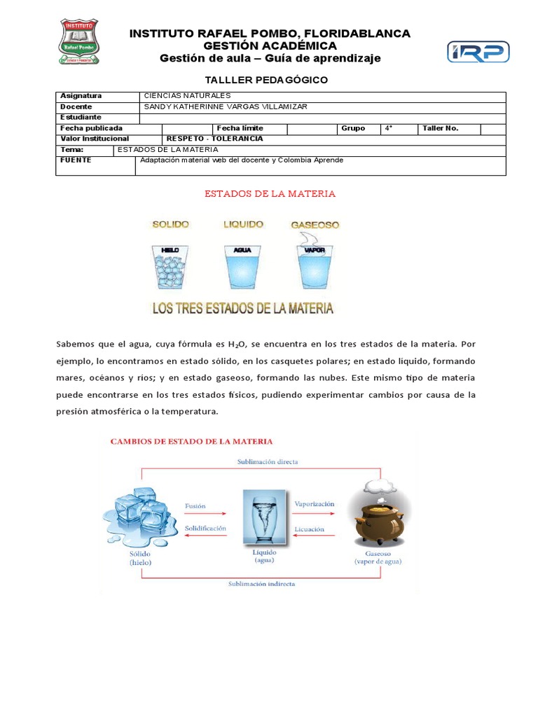 Taller Estados de La Materia | PDF | Propiedades del agua | Importar