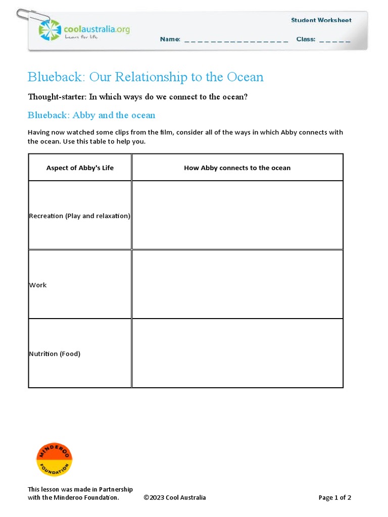 Blueback Our Relationship With The Ocean Week 1 Student Worksheet | PDF